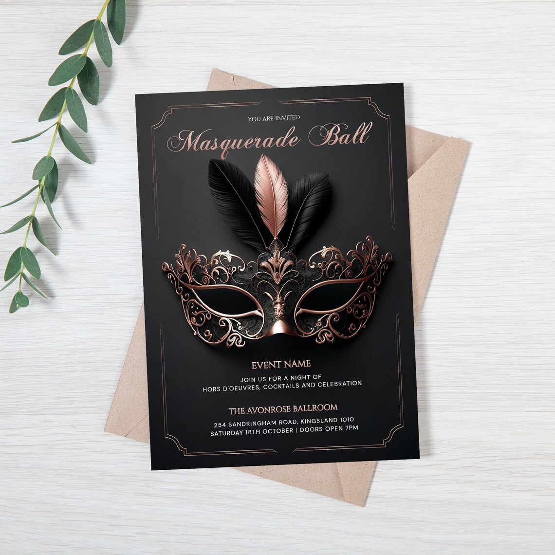 Rose Gold Masquerade Ball Invitation: Editable Mask Party Invite ...