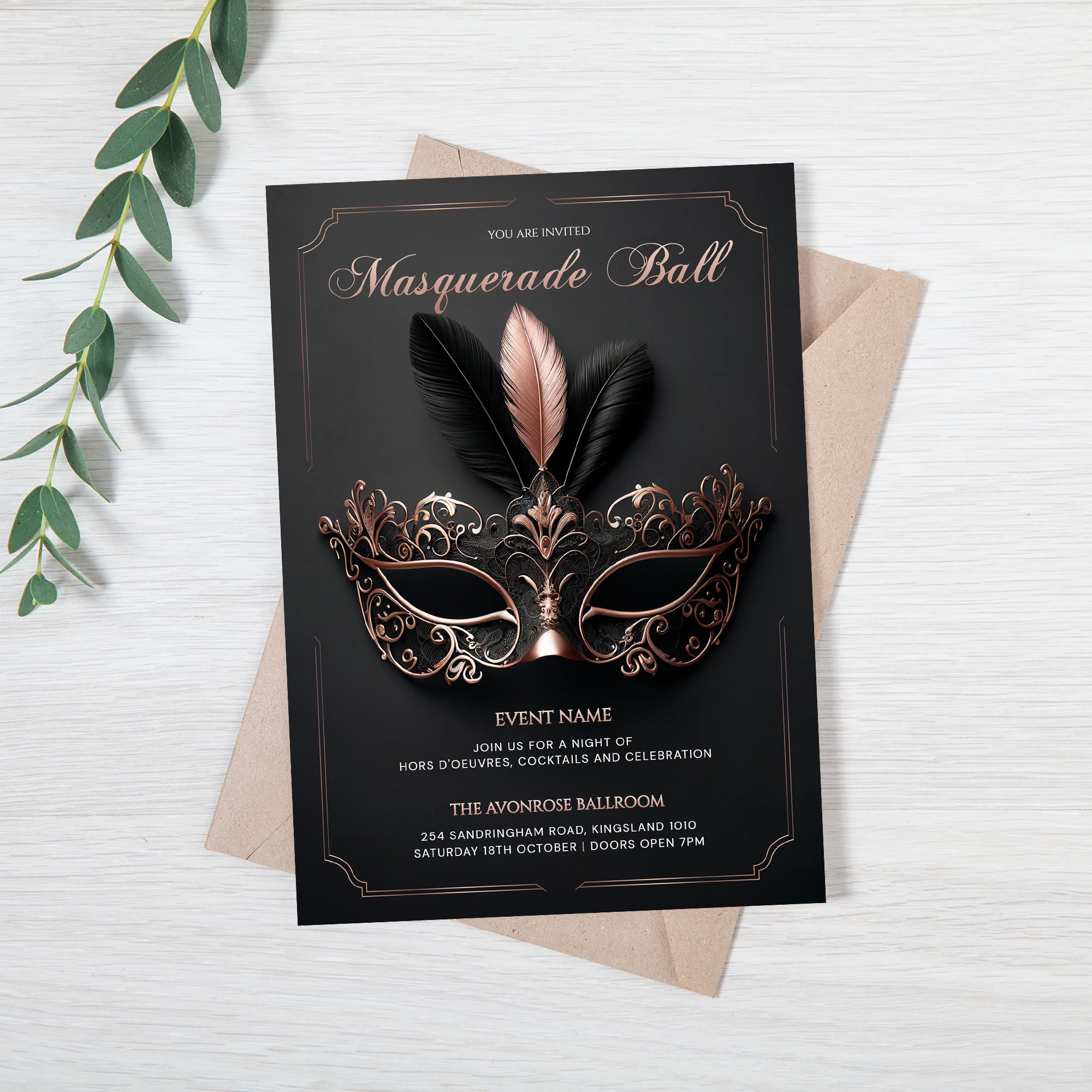 Rose Gold Masquerade Ball Invitation: Editable Mask Party Invite ...