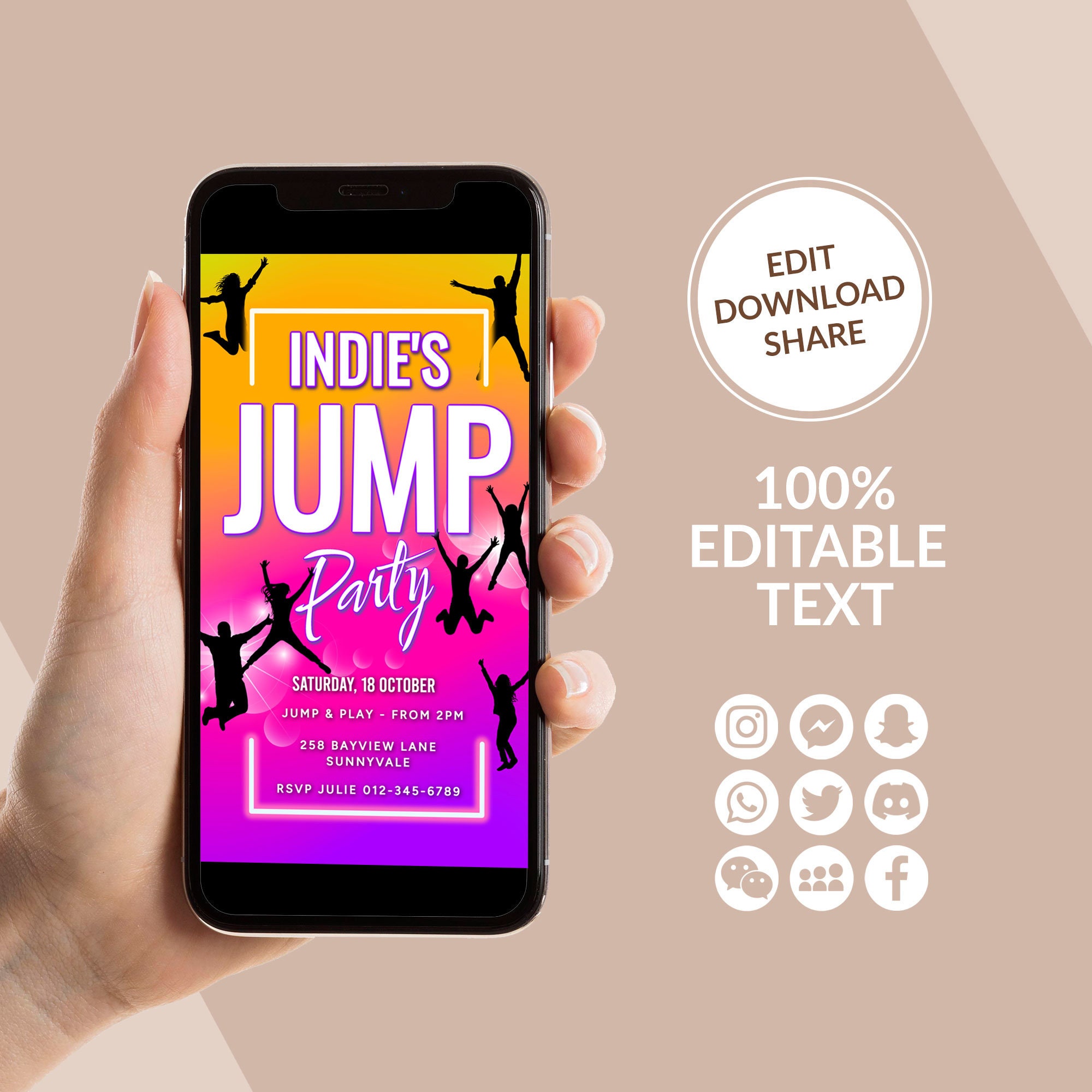 Editable Jump Birthday Party Invitation Jump Birthday Party Glow Jump ...