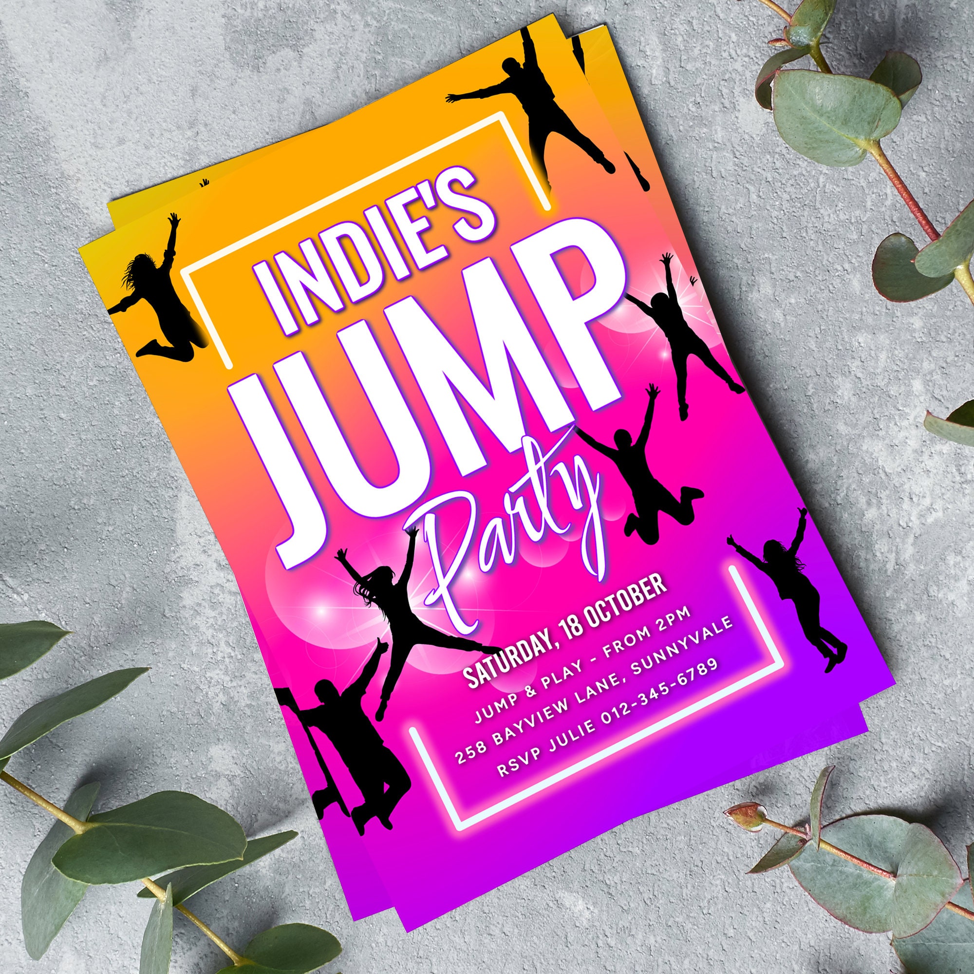 Editable Jump Birthday Party Invitation Jump Birthday Party Glow Jump ...