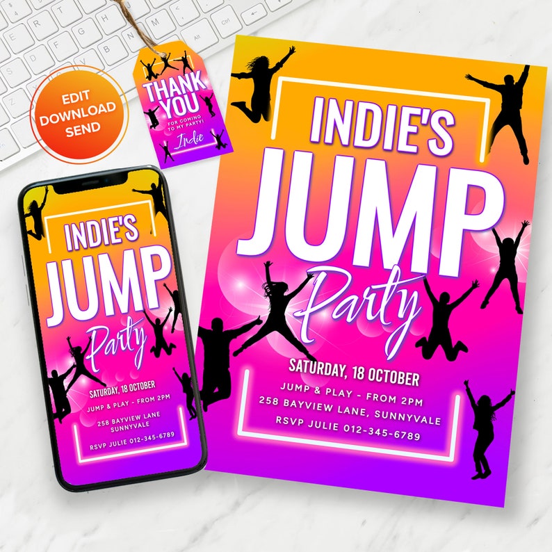 Editable Jump Birthday Party Invitation Jump Birthday Party Glow Jump ...