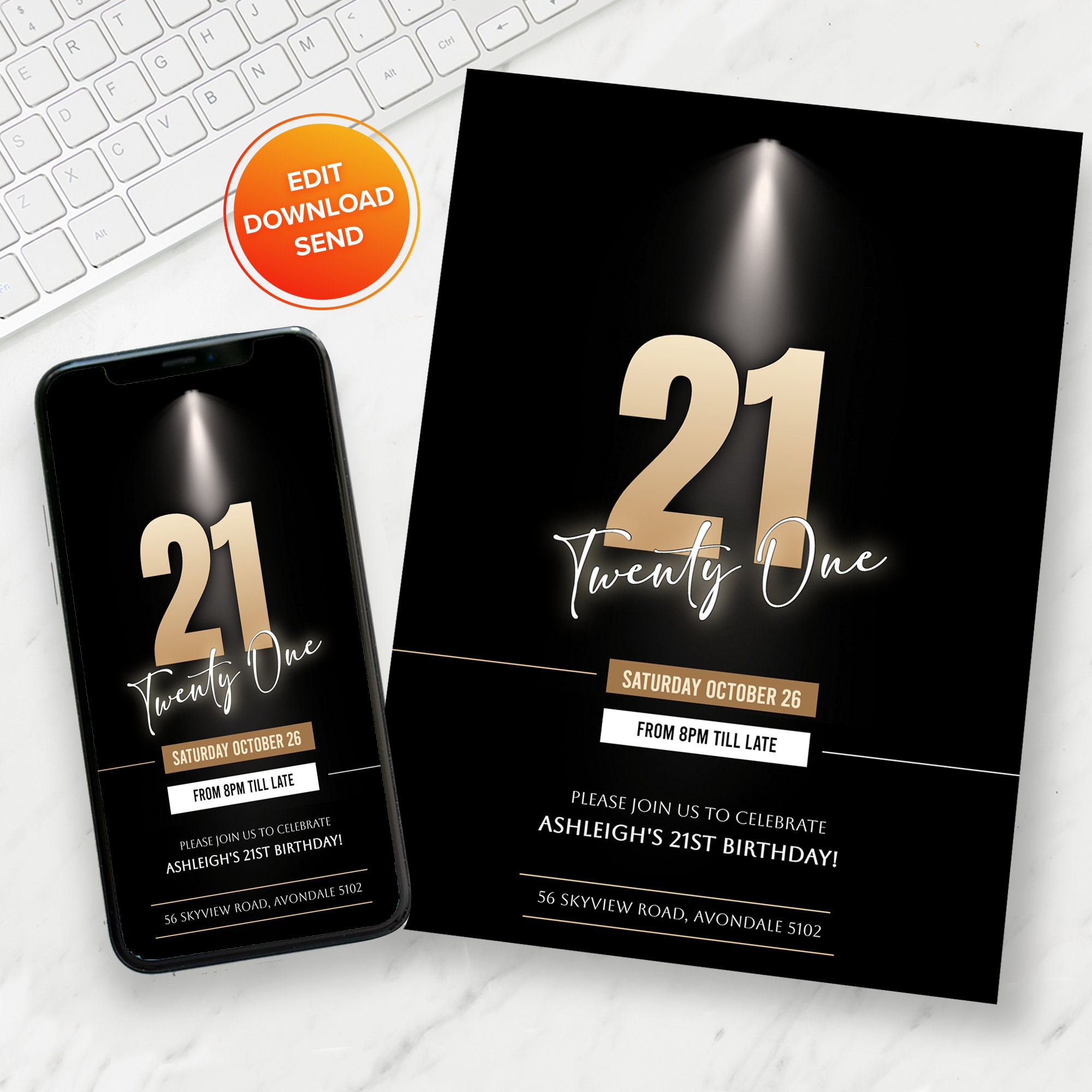 21st Birthday Invitation, 21st Birthday Party Invite, Black and Gold ...