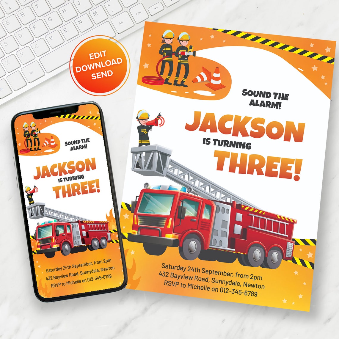 Fire Truck Birthday Invitation, Fire Engine Birthday Invite, Digital ...