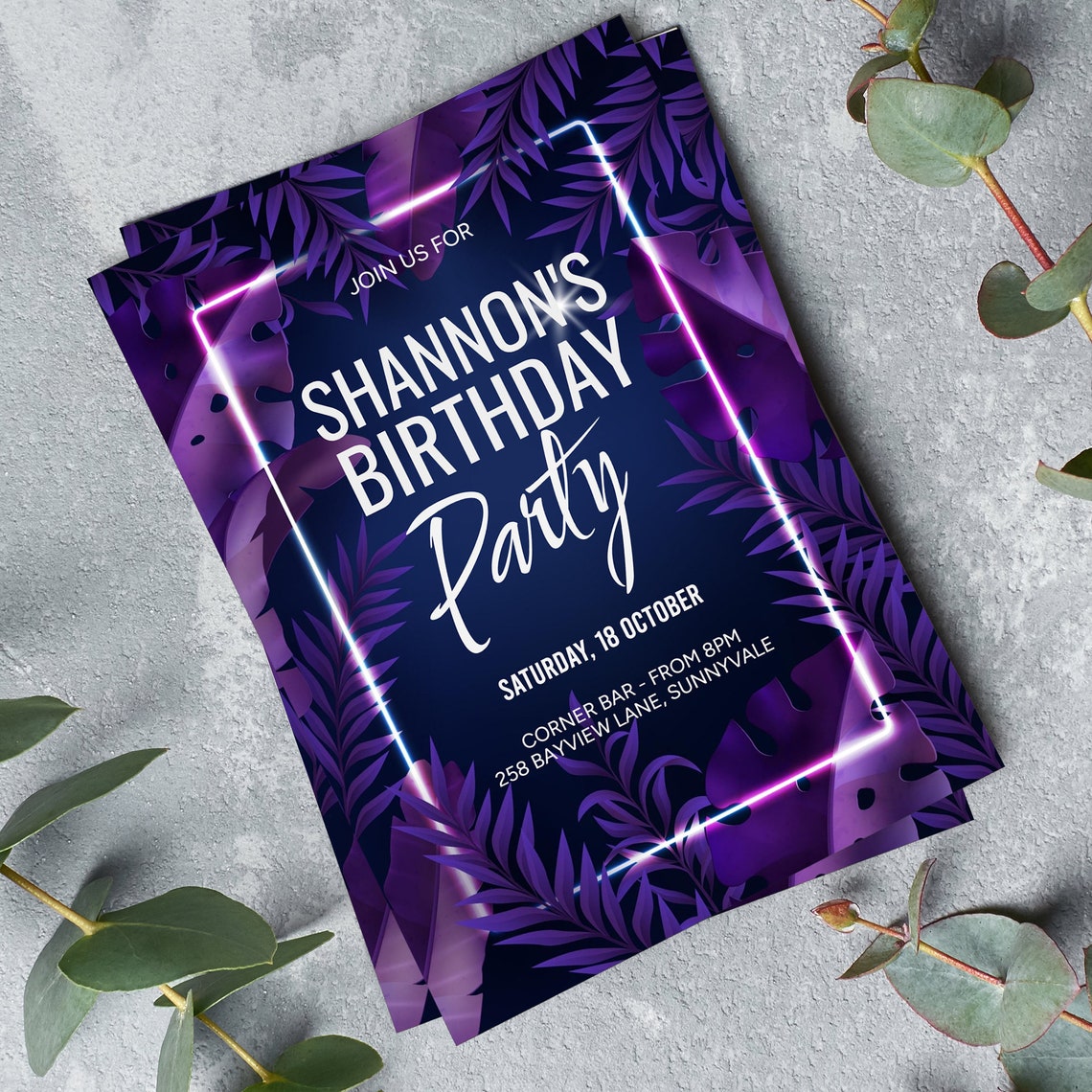 Neon Forest Birthday Invitation, Purple Party Invite, 30th Birthday ...