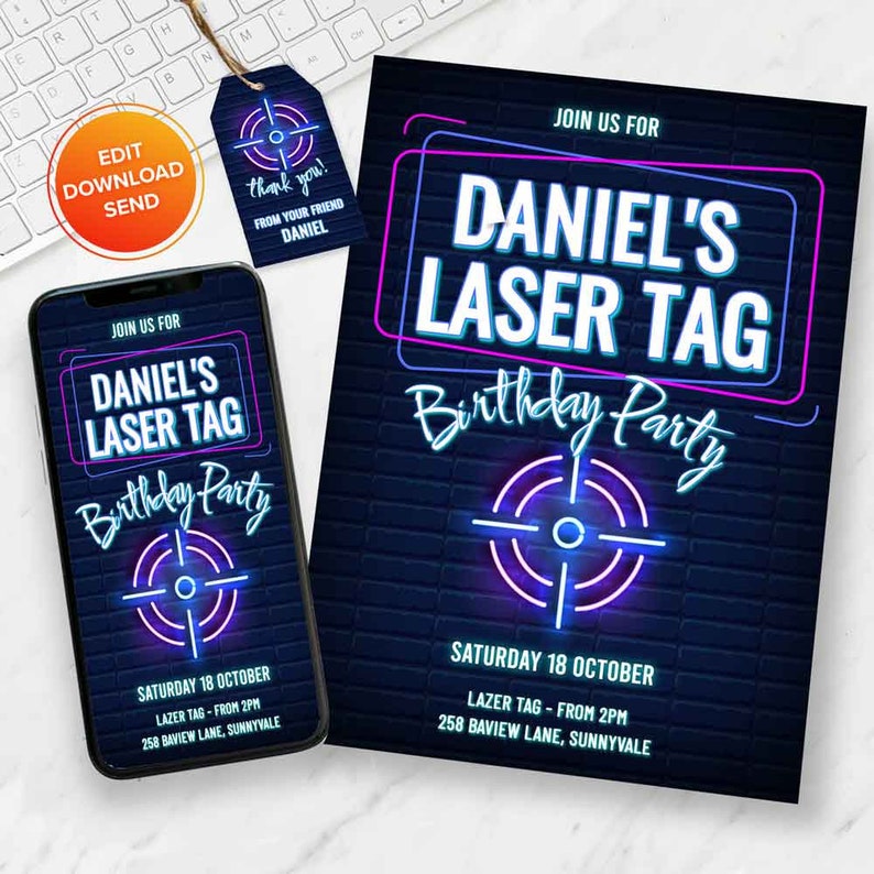 Editable Laser Tag Birthday Invitation, Neon Laser Tag Party Invite ...