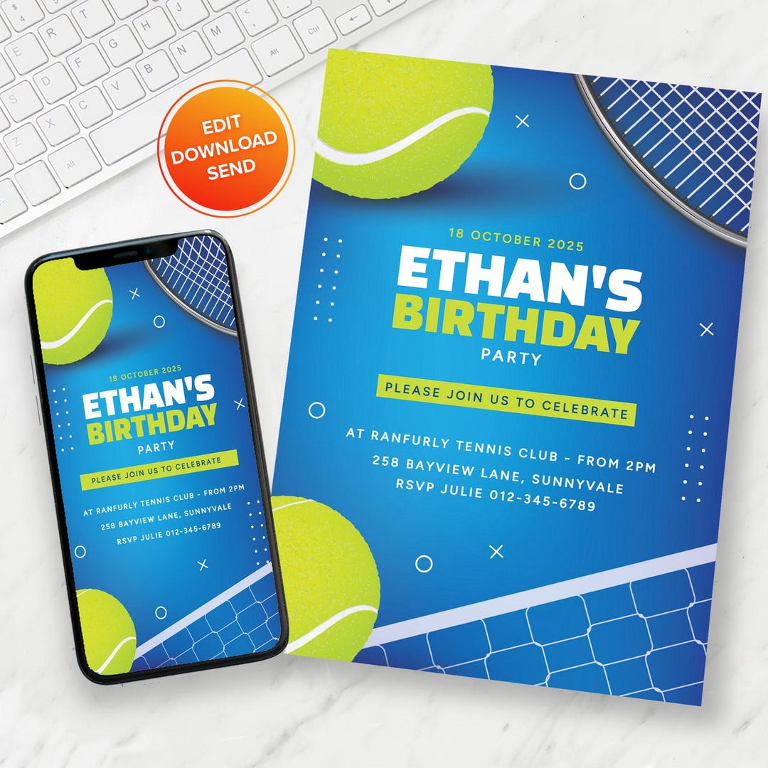 Tennis Birthday Party Invitation: Editable Template (digital Download ...