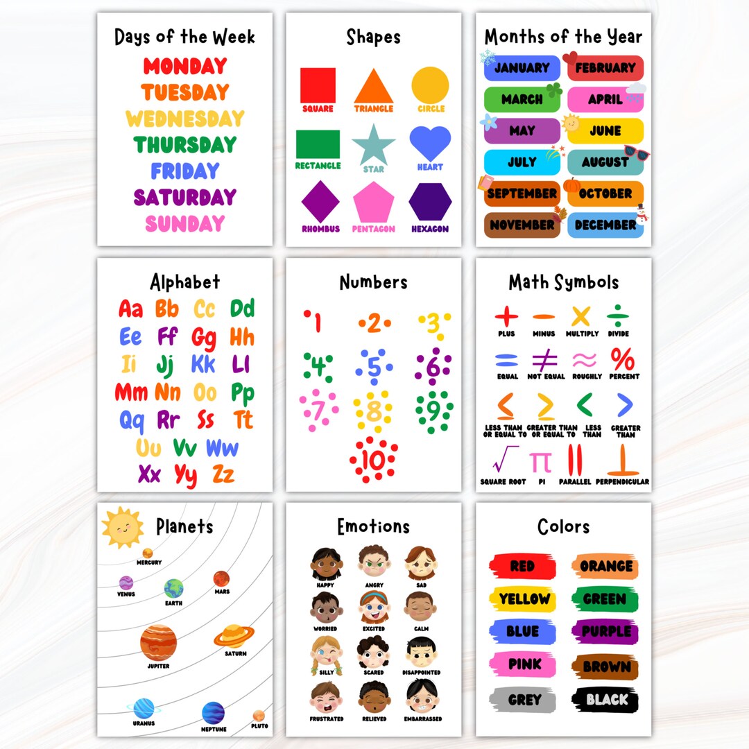 Set of 9 Educational Posters: Printable Pdfs for Playroom or School ...