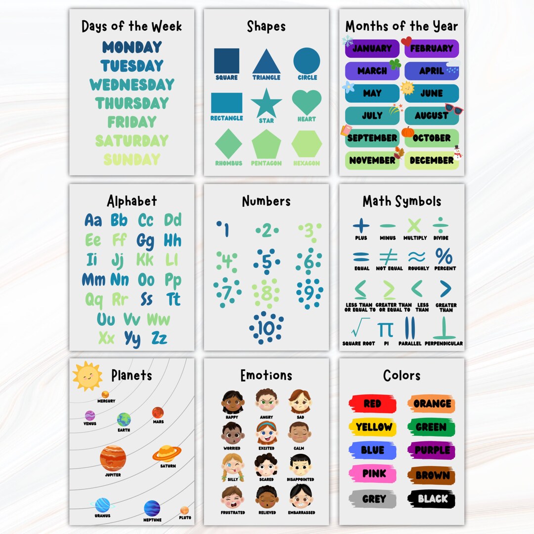 Set of 9 Educational Posters: Printable Pdfs for Playroom or School ...