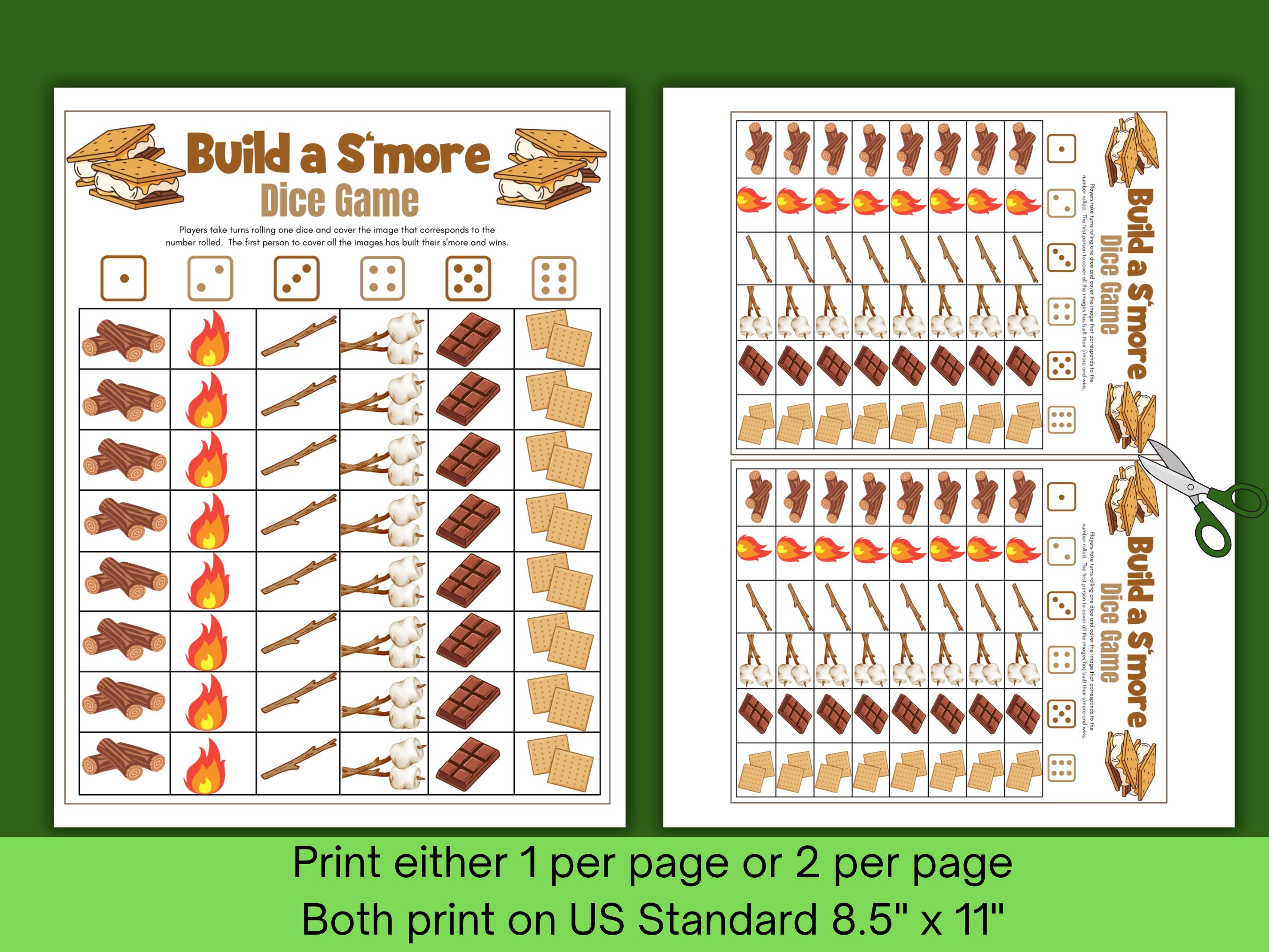 Camping Birthday Party Theme, Build a Smore Dice Game, Campfire Games ...