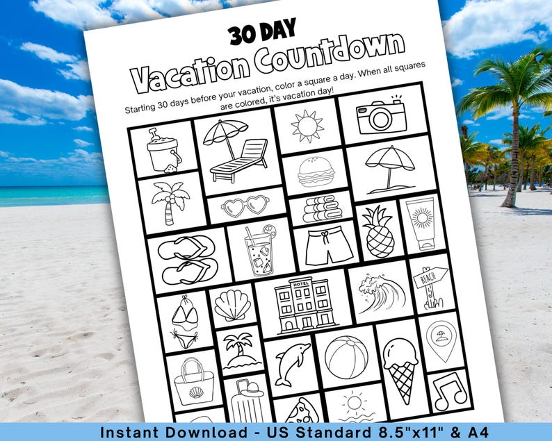 Printable 30 Day Vacation Countdown, Trip Countdown, Beach Countdown ...