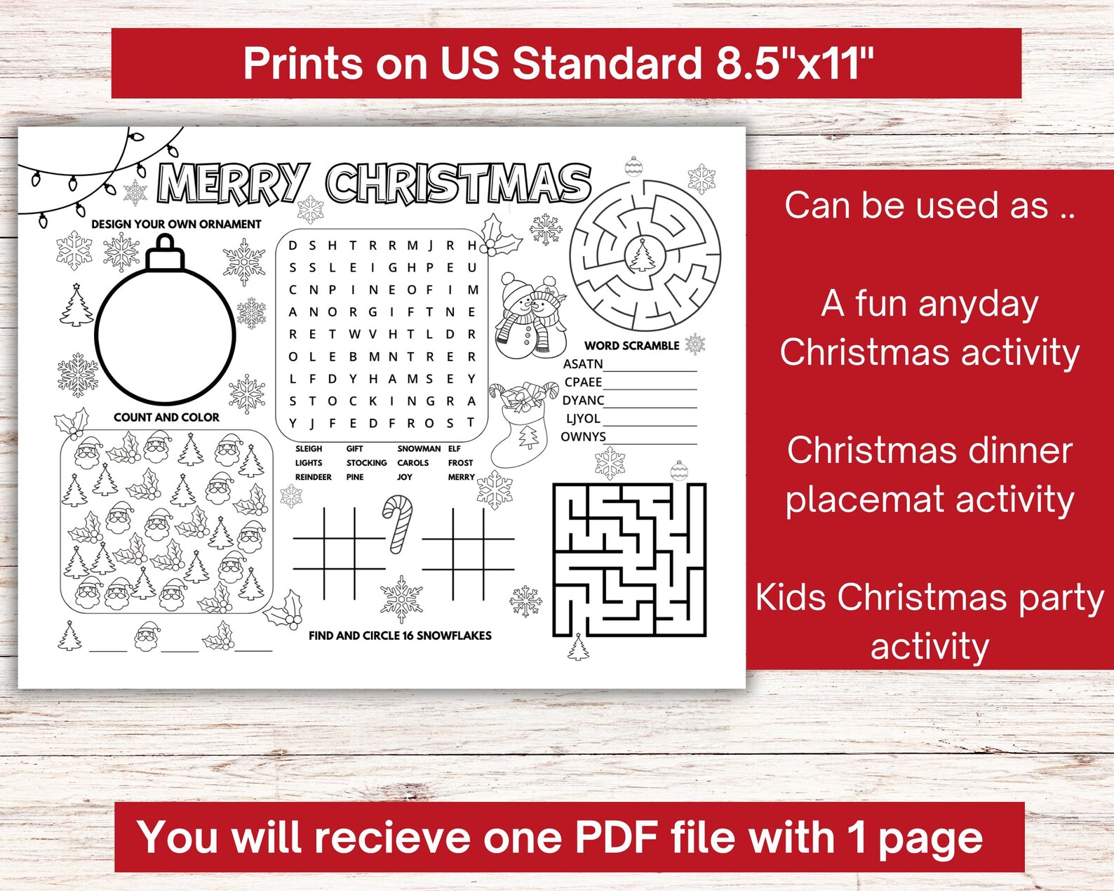 Christmas Activity Placemat, Christmas Activity Page for Kids ...