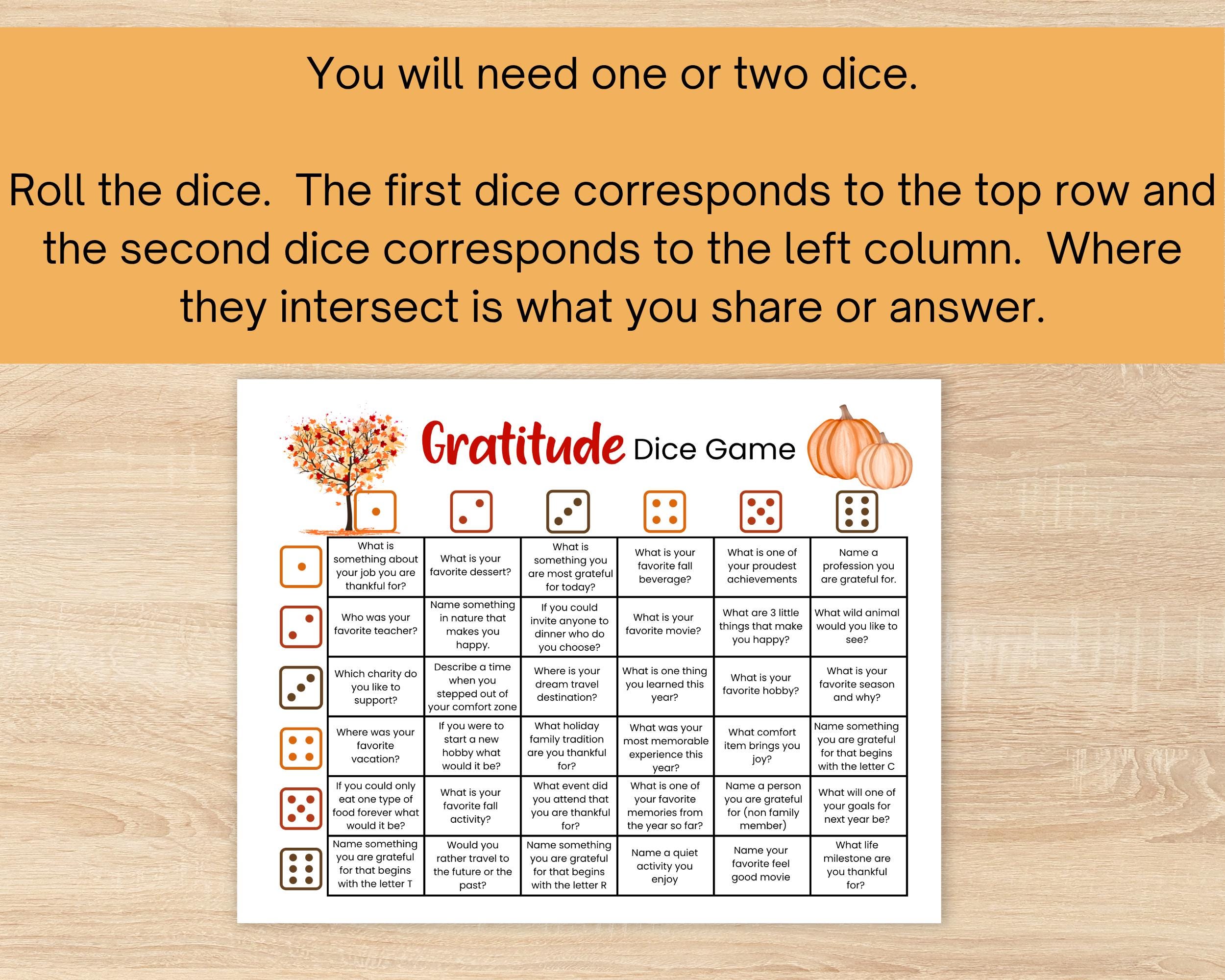 Gratitude Dice Game, Thanksgiving Conversation Starters, Gratitude Game ...