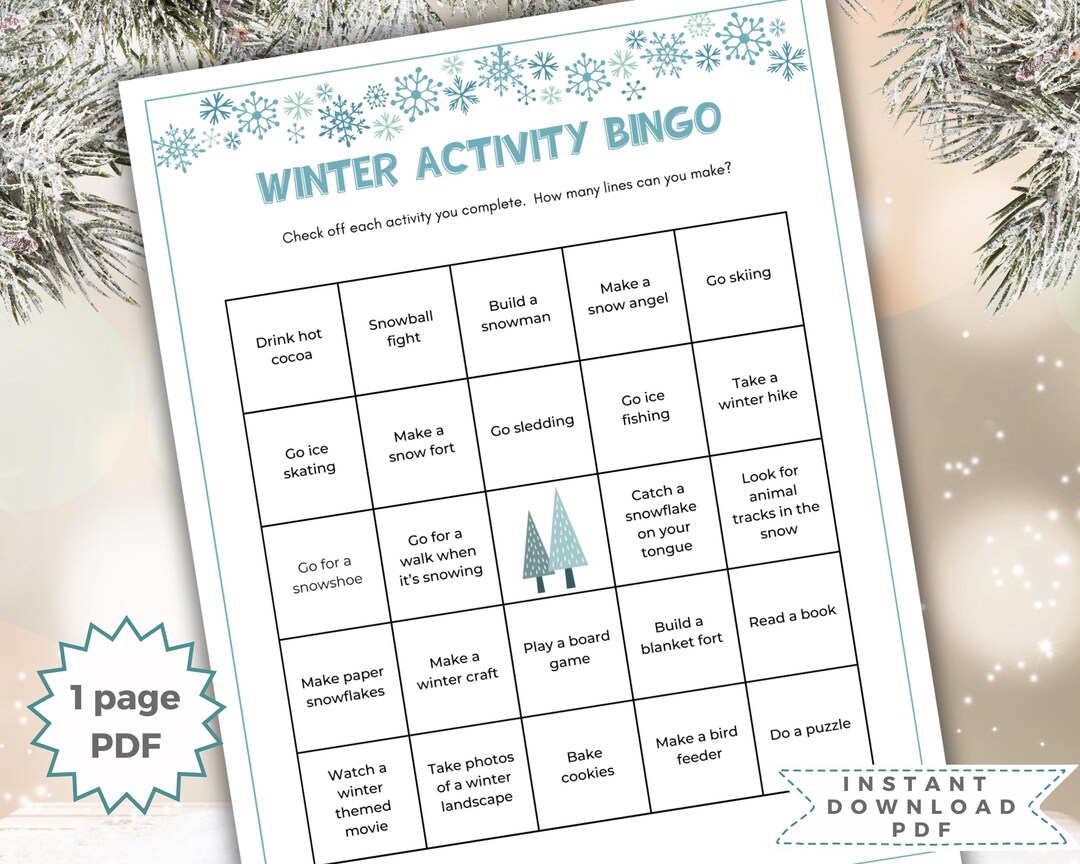 Printable Winter Activity Bingo, Winter Bingo Game, Winter Bucket List ...