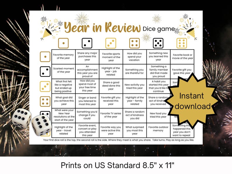 Year in Review Dice Game, Year End Reflection, New Years Eve Game, Ice ...