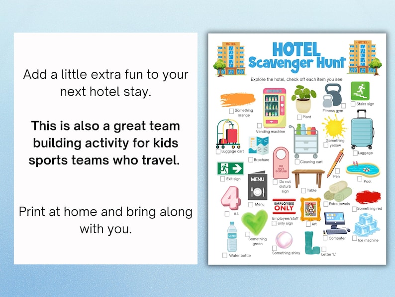 Hotel Scavenger Hunt, Hotel Games, Team Building Games, Kids Team ...