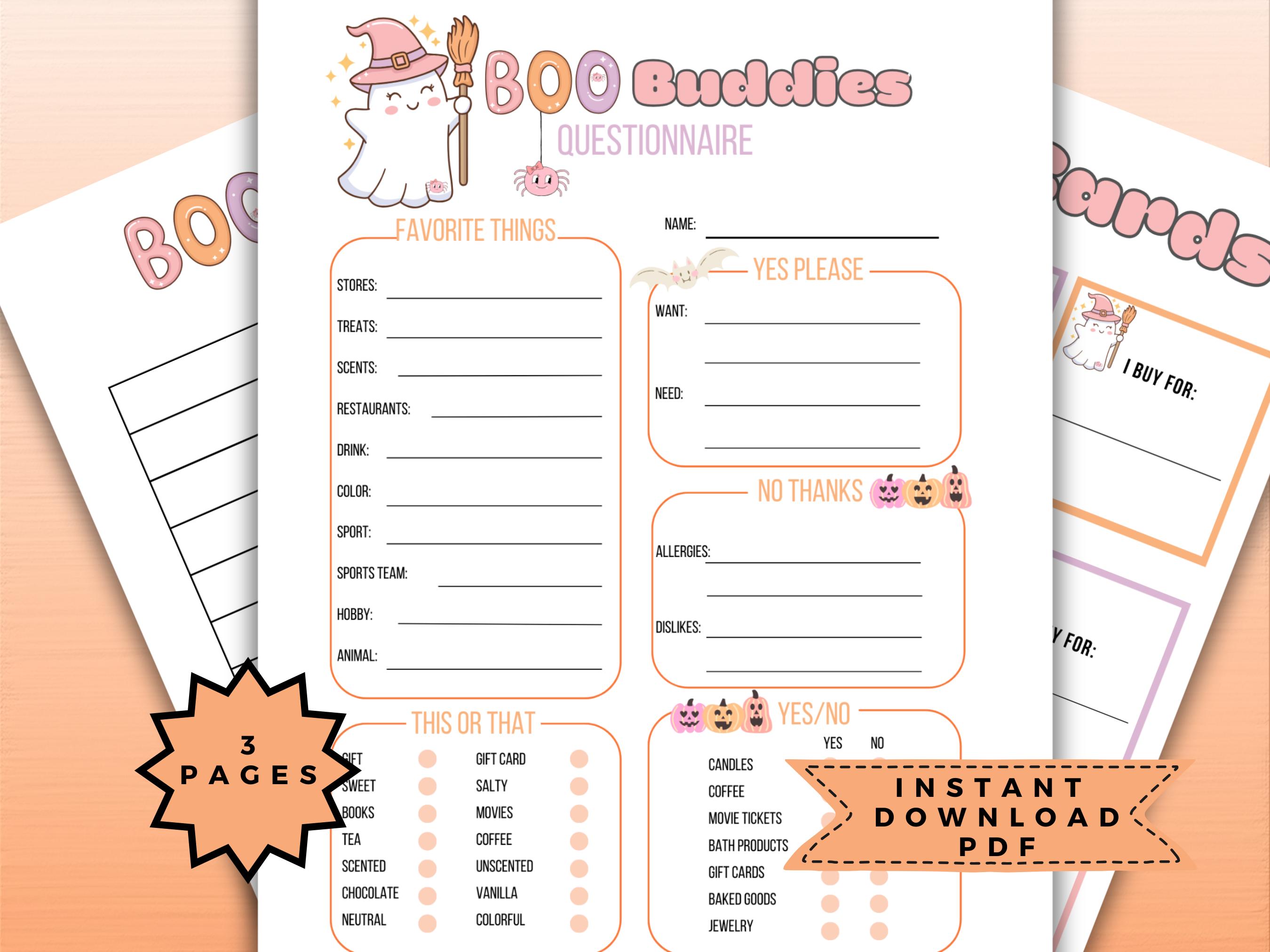 Boo Buddies Questionnaire, Boo Basket Questionnaire, Boo Buddy ...