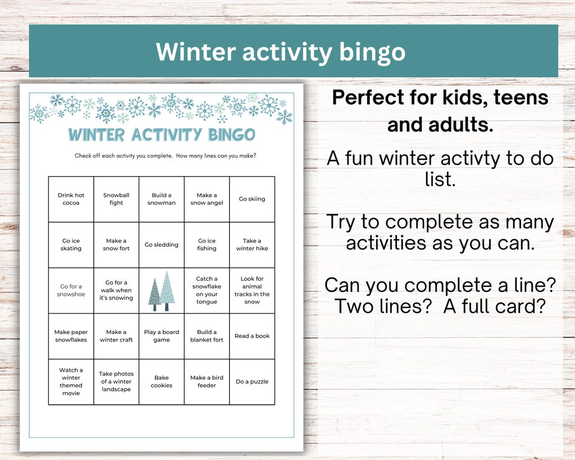 Printable Winter Activity Bingo, Winter Bingo Game, Winter Bucket List ...