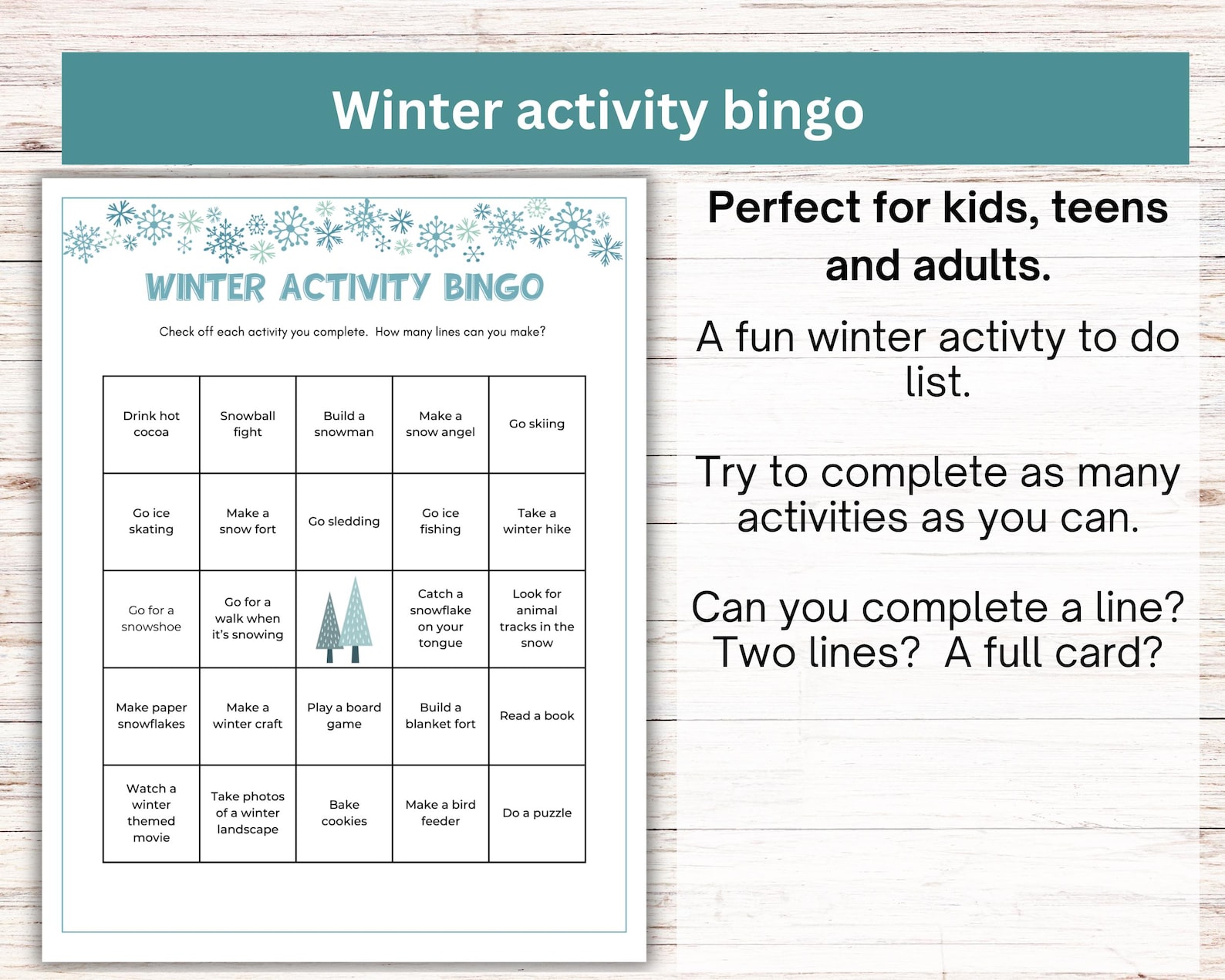 Printable Winter Activity Bingo, Winter Bingo Game, Winter Bucket List ...