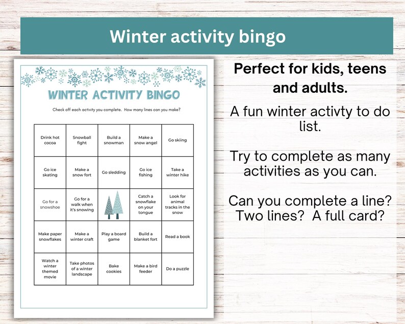 Printable Winter Activity Bingo, Winter Bingo Game, Winter Bucket List ...