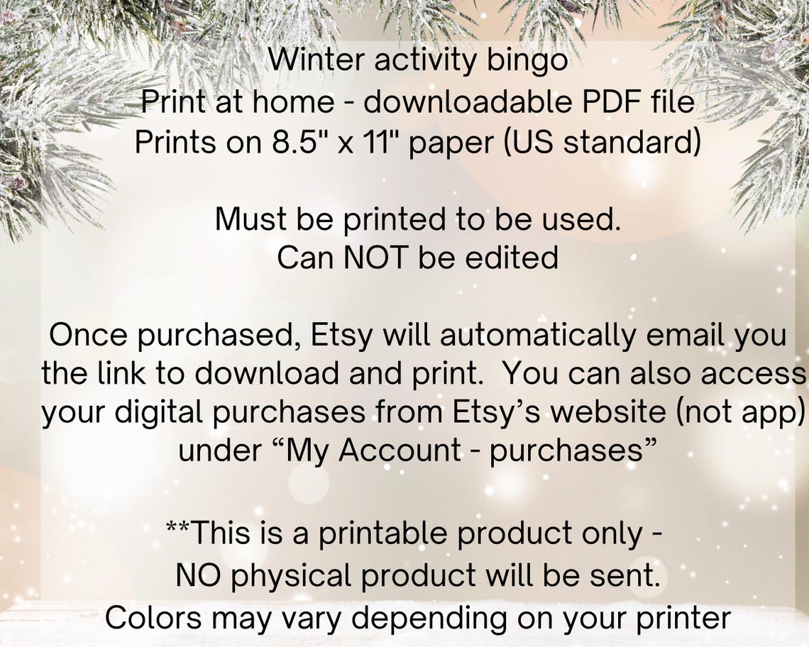 Printable Winter Activity Bingo, Winter Bingo Game, Winter Bucket List ...