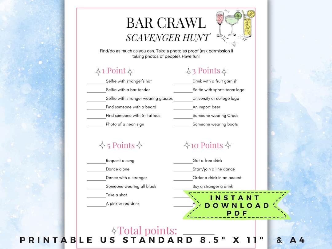 Bar Crawl Scavenger Hunt, Bar Scavenger Hunt Adults, Bar Crawl Games ...