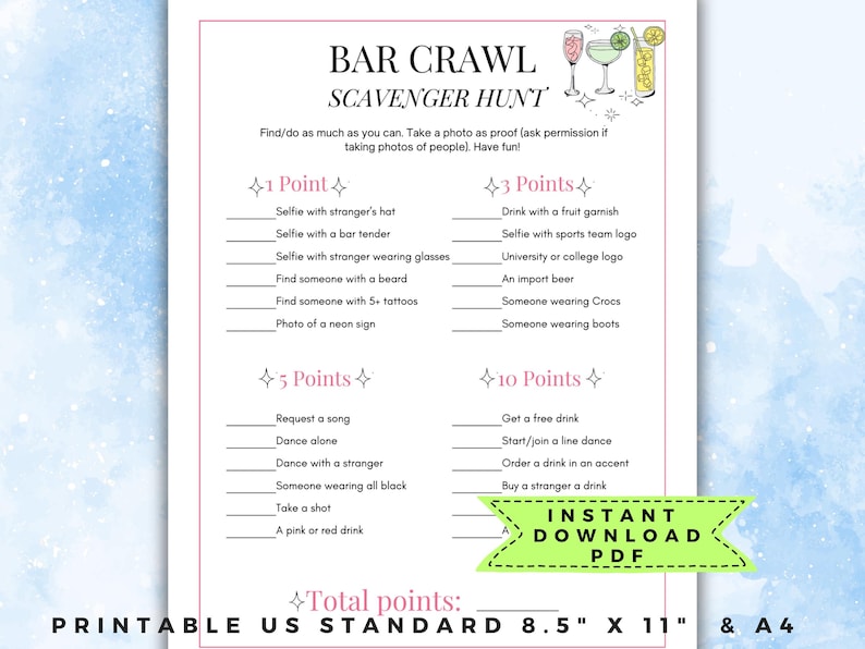Bar Crawl Scavenger Hunt, Bar Scavenger Hunt Adults, Bar Crawl Games ...