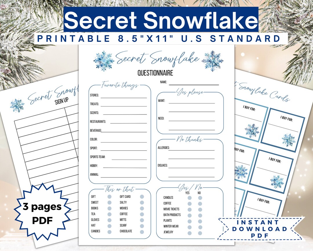 Secret Snowflake Questionnaire, Secret Snowflake, Holiday Gift Exchange ...