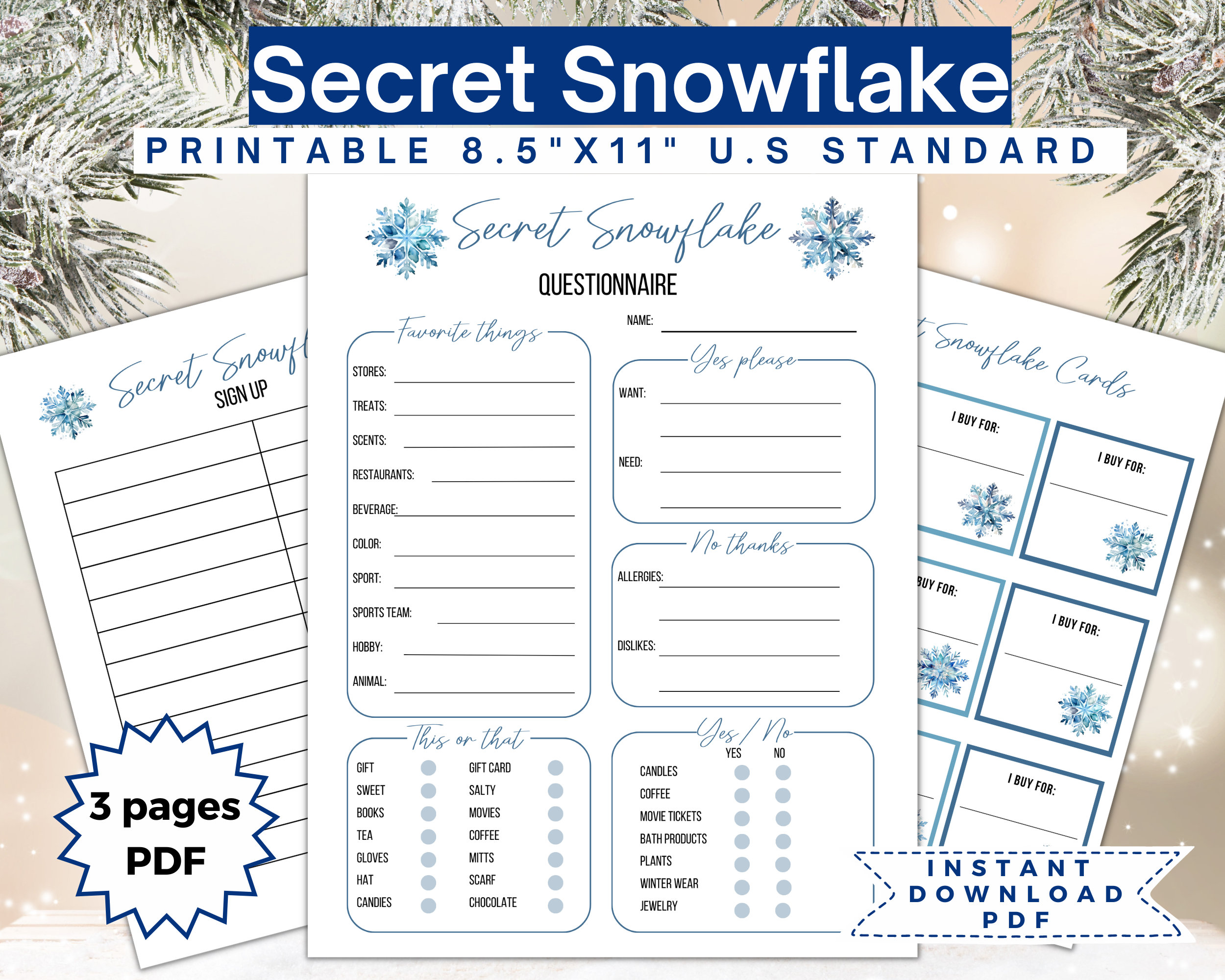 Secret Snowflake Questionnaire, Secret Snowflake, Holiday Gift Exchange ...