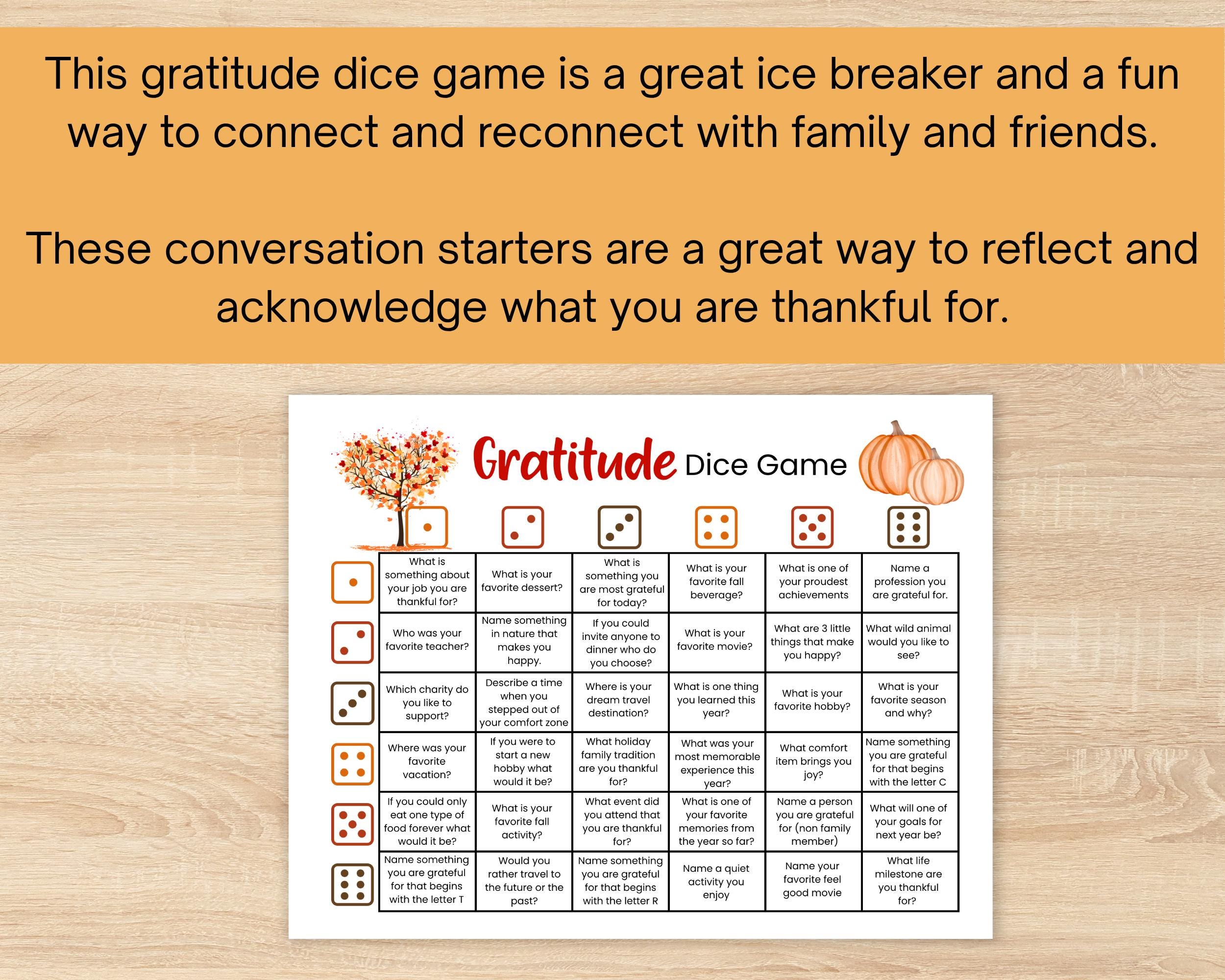 Gratitude Dice Game, Thanksgiving Conversation Starters, Gratitude Game ...