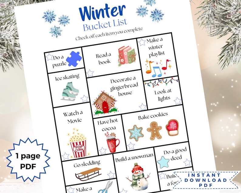 Printable Winter Bucket List, Winter Activity Checklist, Christmas ...
