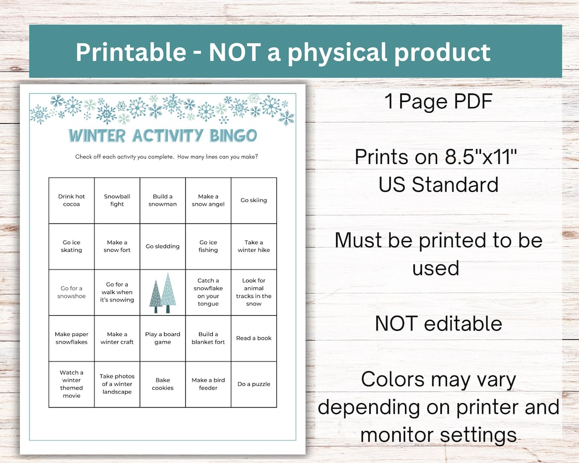 Printable Winter Activity Bingo, Winter Bingo Game, Winter Bucket List ...