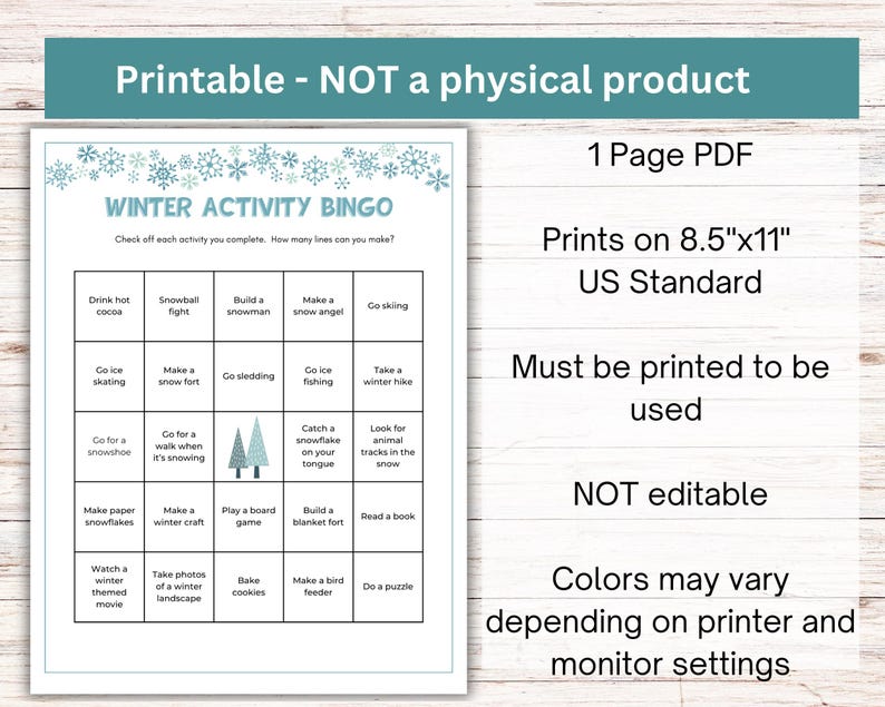 Printable Winter Activity Bingo, Winter Bingo Game, Winter Bucket List ...