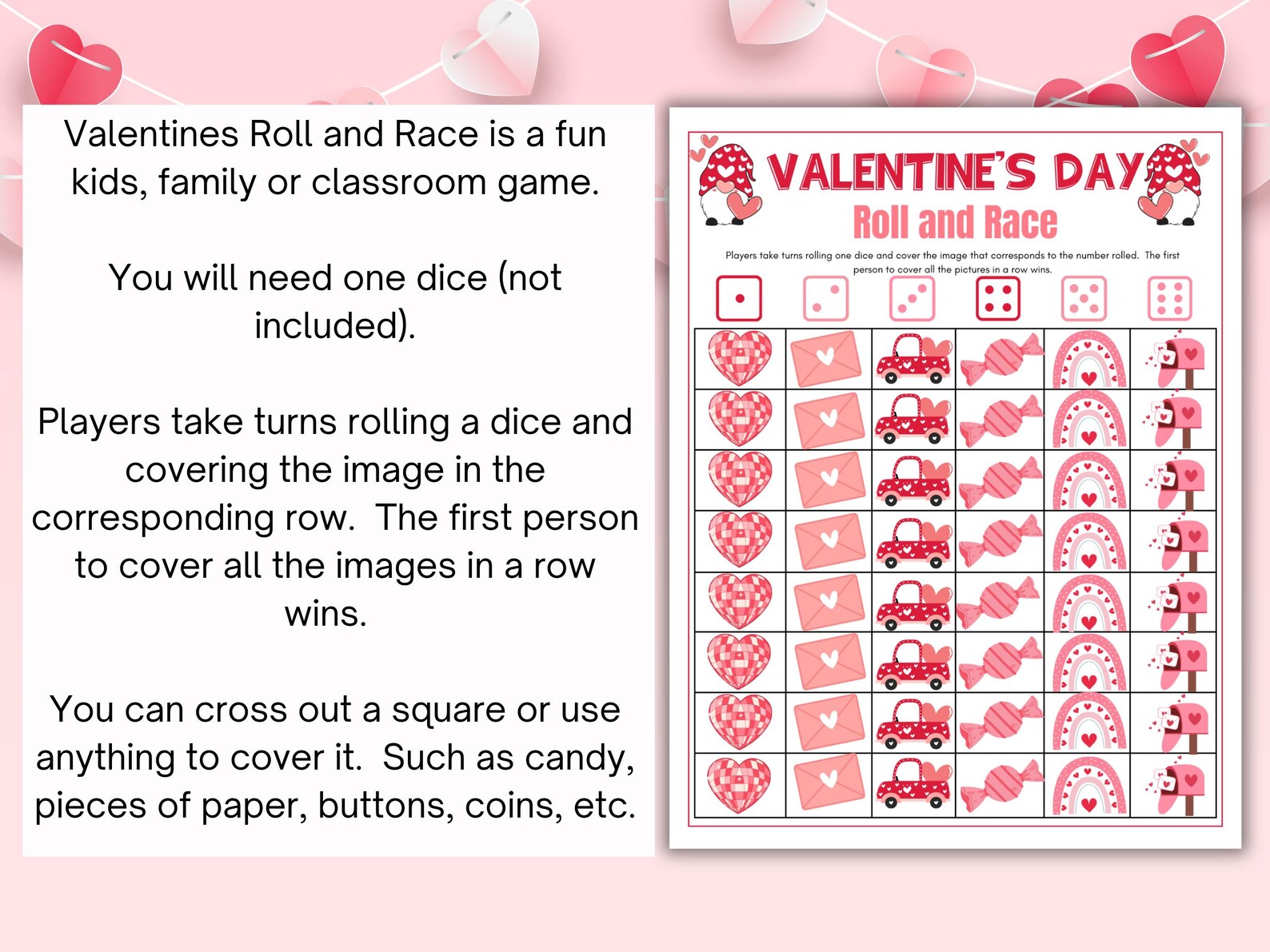 Printable Valentine's Day Dice Game for Kids and Families, Valentine ...