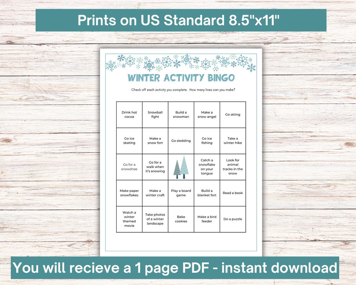 Printable Winter Activity Bingo, Winter Bingo Game, Winter Bucket List ...