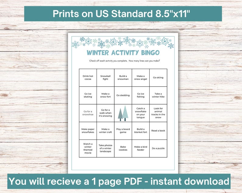 Printable Winter Activity Bingo, Winter Bingo Game, Winter Bucket List ...