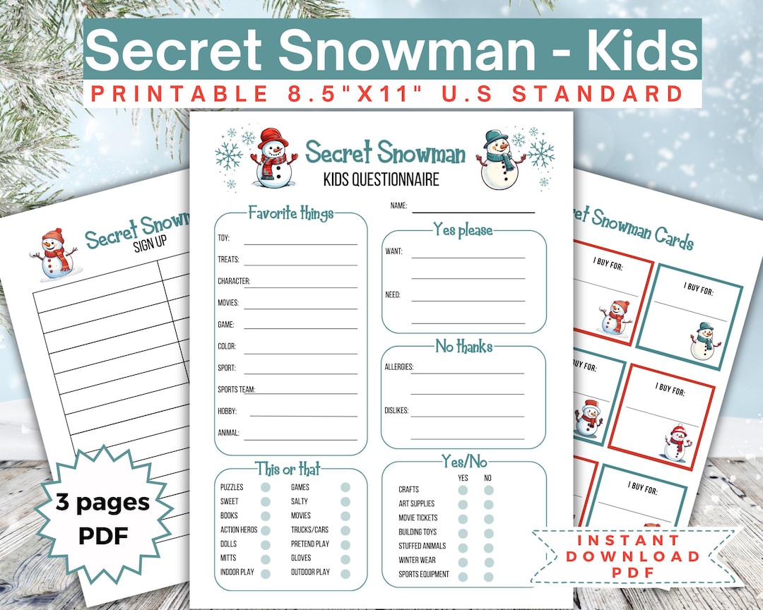 Kids Secret Snowman Gift Exchange Form, Secret Snowflake, Holiday Gift ...