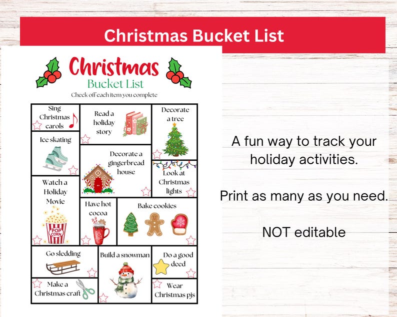 Printable Christmas Bucket List, Christmas Activity Checklist, Holiday ...