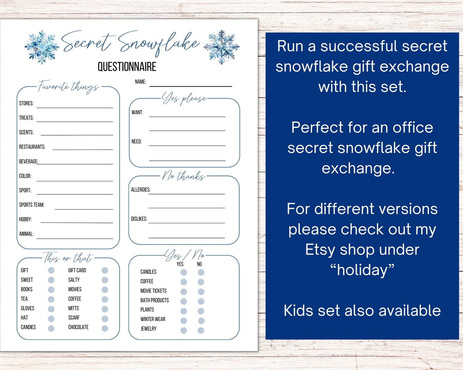 Secret Snowflake Questionnaire, Secret Snowflake, Holiday Gift Exchange ...