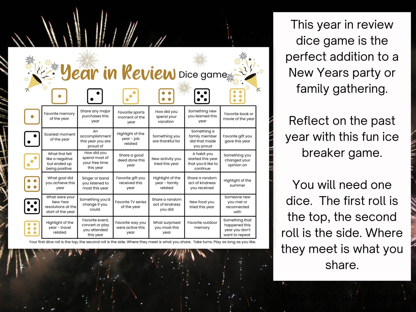 Year in Review Dice Game, Year End Reflection, New Years Eve Game, Ice ...