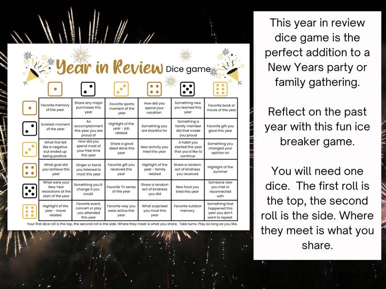 Year in Review Dice Game, Year End Reflection, New Years Eve Game, Ice ...