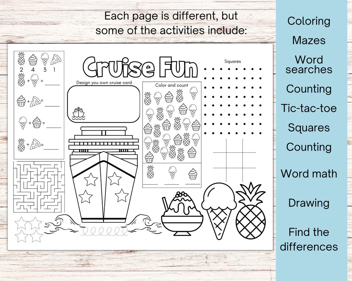 Printable Kids Cruise Activity Placemat, Kids Travel Activity, Cruise ...
