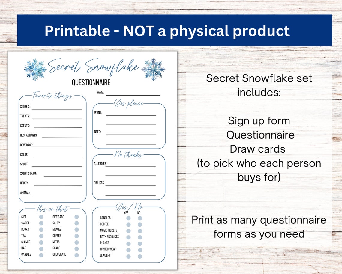 Secret Snowflake Questionnaire, Secret Snowflake, Holiday Gift Exchange ...