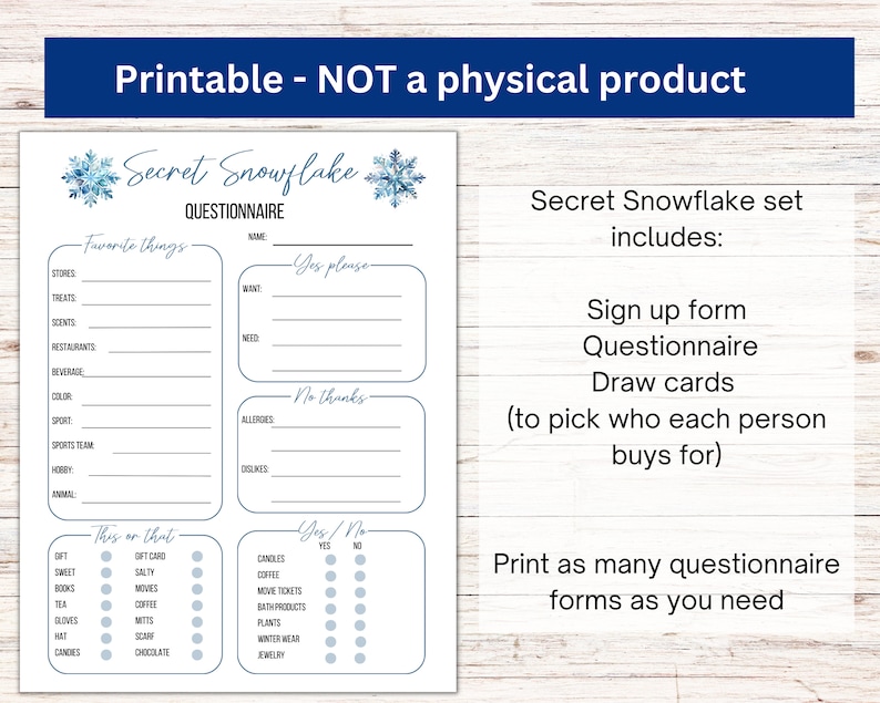 Secret Snowflake Questionnaire, Secret Snowflake, Holiday Gift Exchange ...