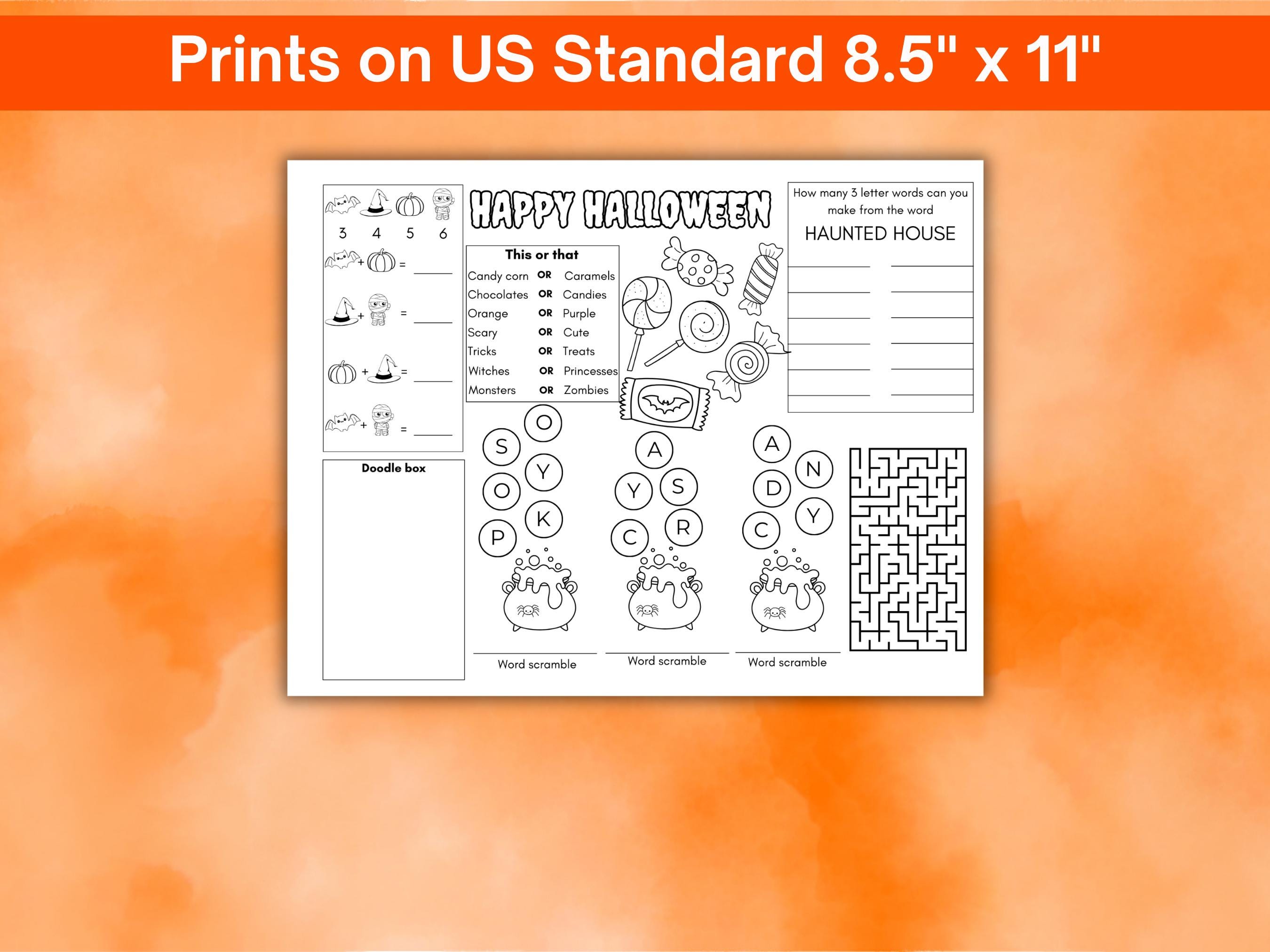 Printable Halloween Activity Placemat for Kids, Halloween Activity ...