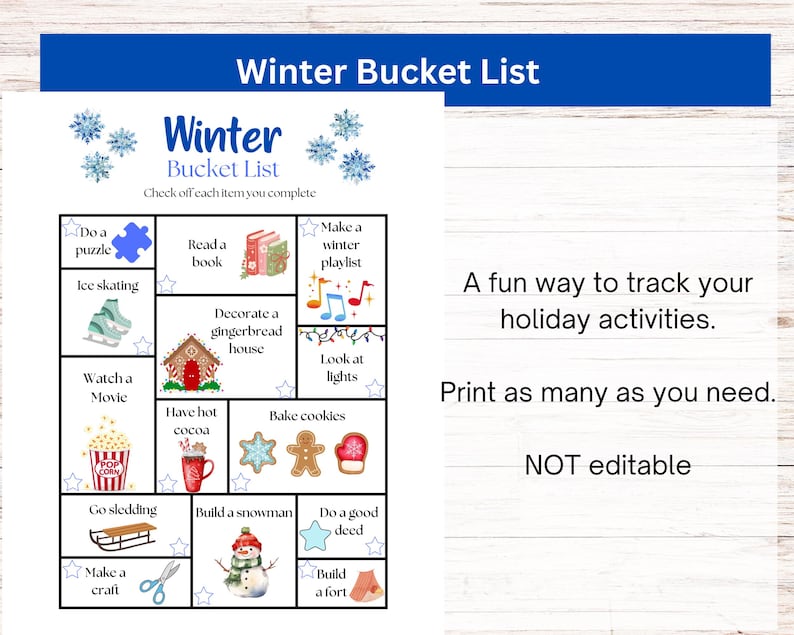 Printable Winter Bucket List, Winter Activity Checklist, Christmas ...