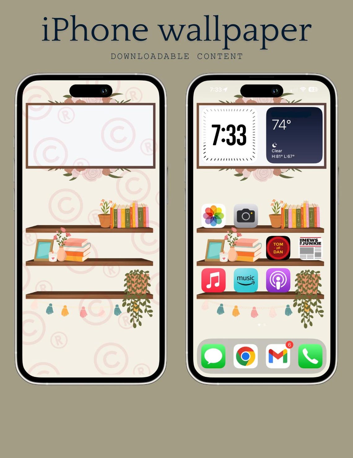 Boho Bookshelf iPhone Ios 18 Wallpaper | Floral & Plant Digital ...