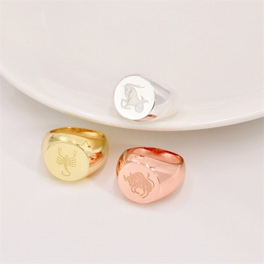 Zodiac Signet Ring Round Signet Ring Zodiac Sign Gift for - Etsy