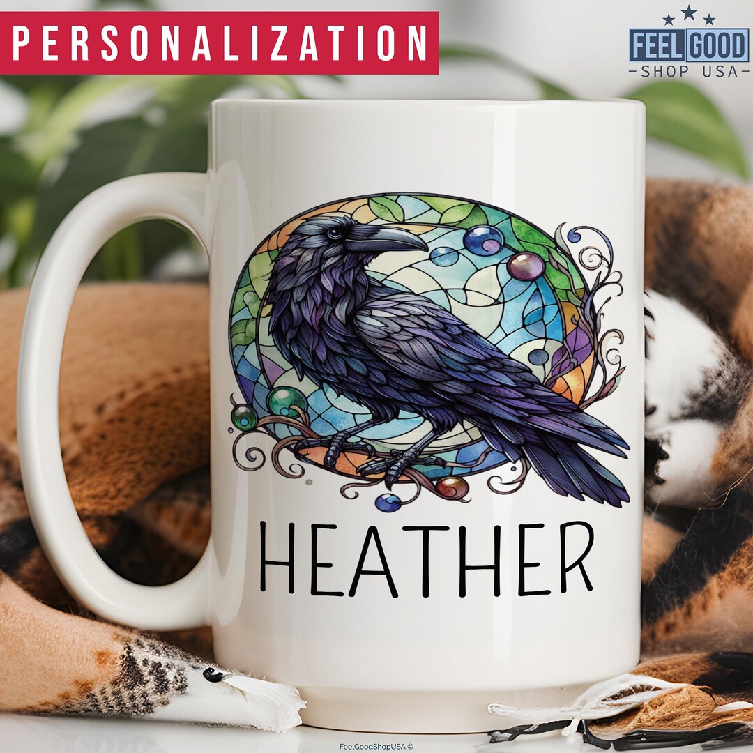 Stained Glass Raven Mug, Personalized Stained Glass Raven Gift, Custom ...