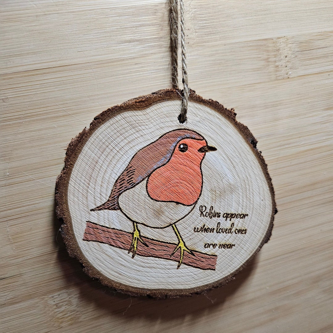 Robin Engraved Wood Slice Decoration, Hand Painted - Etsy