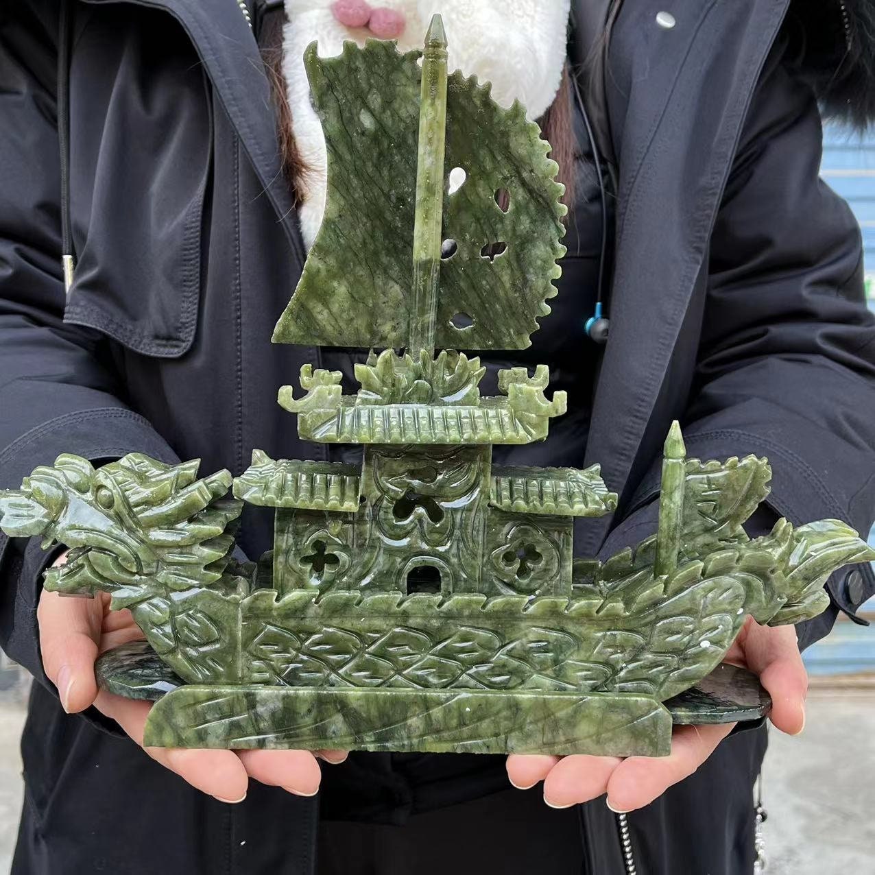 Collect Green Jade Hand-carved Jade Boat Statue Sculpture, Jade Carving ...